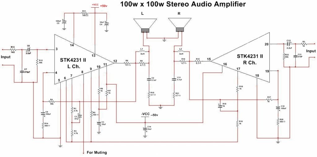 100w High Power Audio Amplifier Circuit