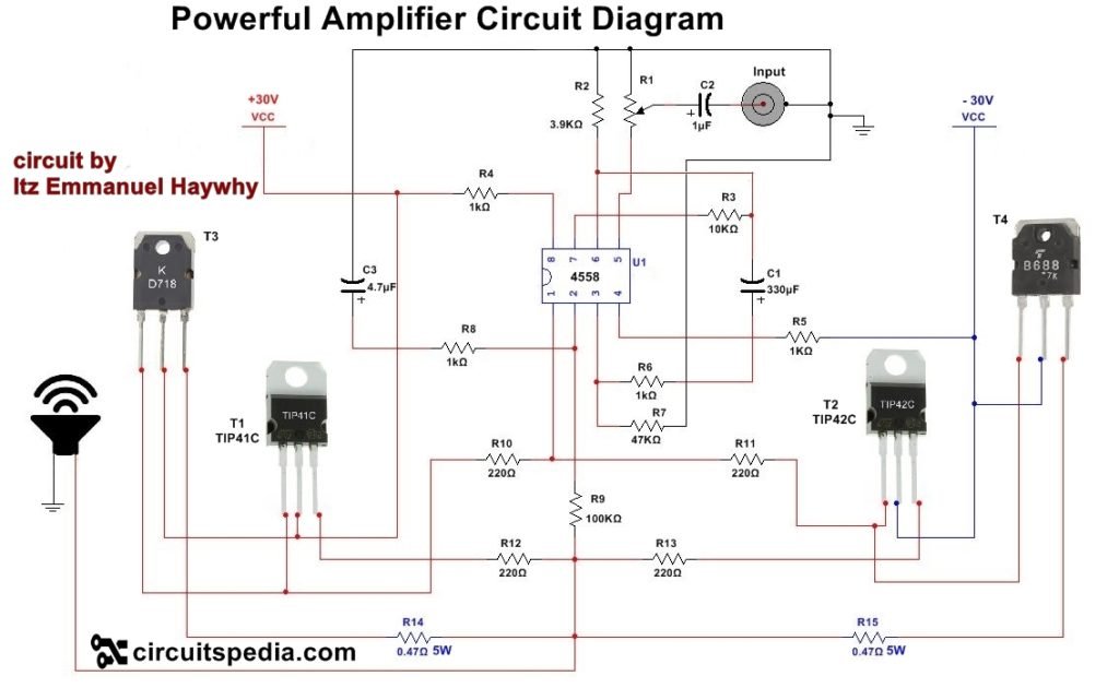 Powerful Audio Amplifier Circuit With 4558 | Circuitspedia.com
