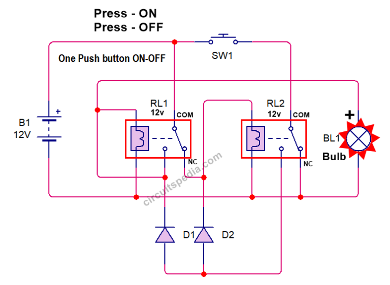 Single Push Button ON OFF Relay Latching Switch Circuit Diagram